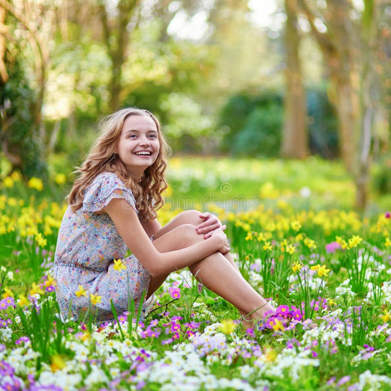 Happy Young Girl in Park on a Spring Day Stock Image - Image of ...