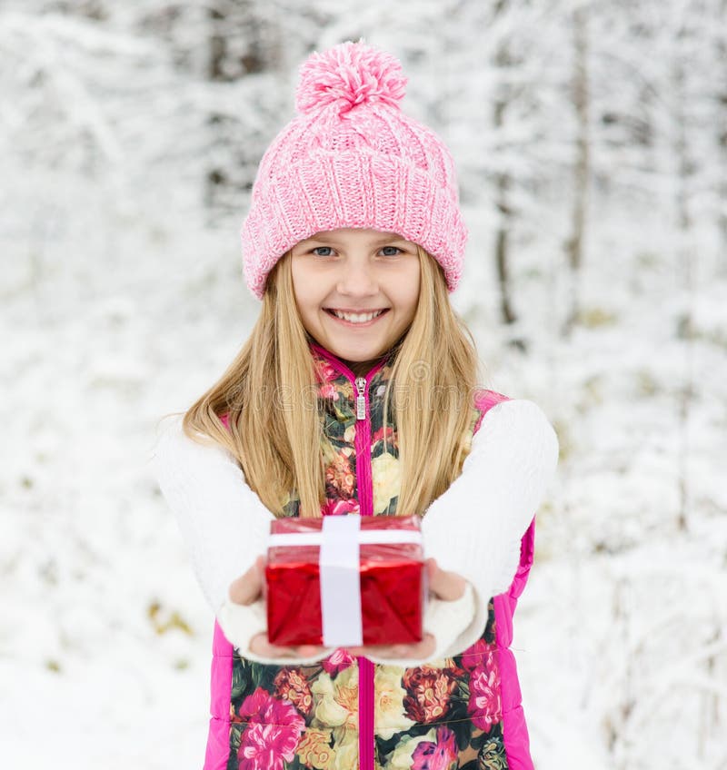 Happy Young Girl with Red Gift Box Stock Photo - Image of cute, female ...