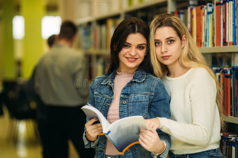 Happy Young Girls Student Studing in Library Stock Image - Image of ...
