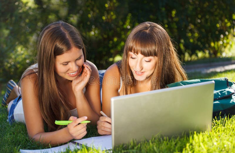Happy Young Girls Having Fun Using a Computer Stock Image - Image of ...