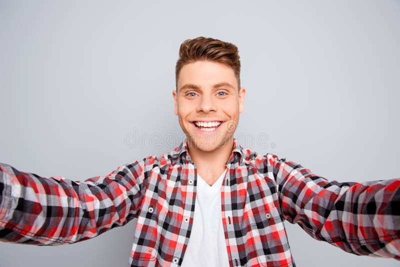 Happy Young Guy with Beaming Smile Making Selfie Stock Photo - Image of ...