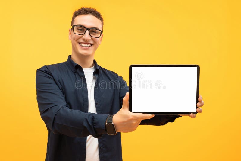 Cheerful Emotional Man Holding Big Blank Cell Phone in Hand Stock Photo ...