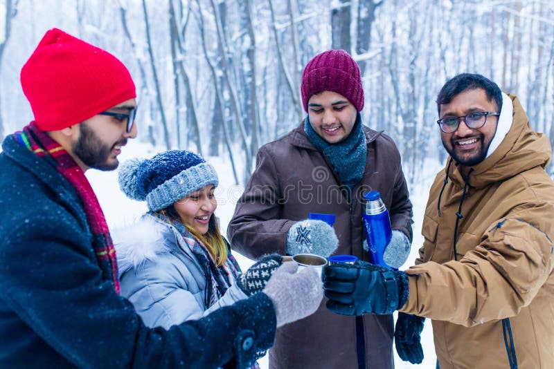 Happy Young Indian Friends Get Warming with Hot Tea Stock Photo - Image ...