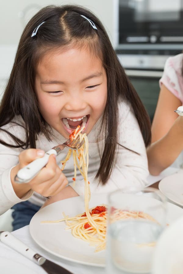 Happy Young Kid Enjoying Spaghetti Lunch Kitchen Stock Photos - Free ...
