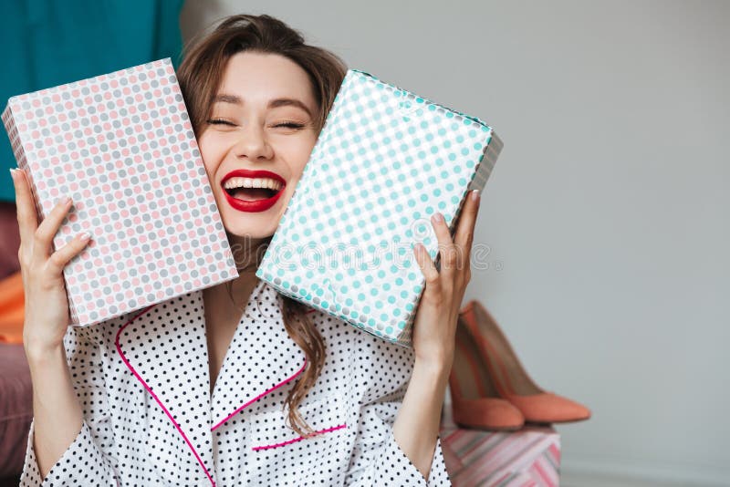 Happy Young Lady Indoors with Gift Boxes. Stock Image - Image of cute ...