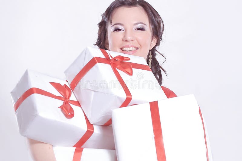 Happy Young Lady with Lots of Gift Boxes Stock Image - Image of ...