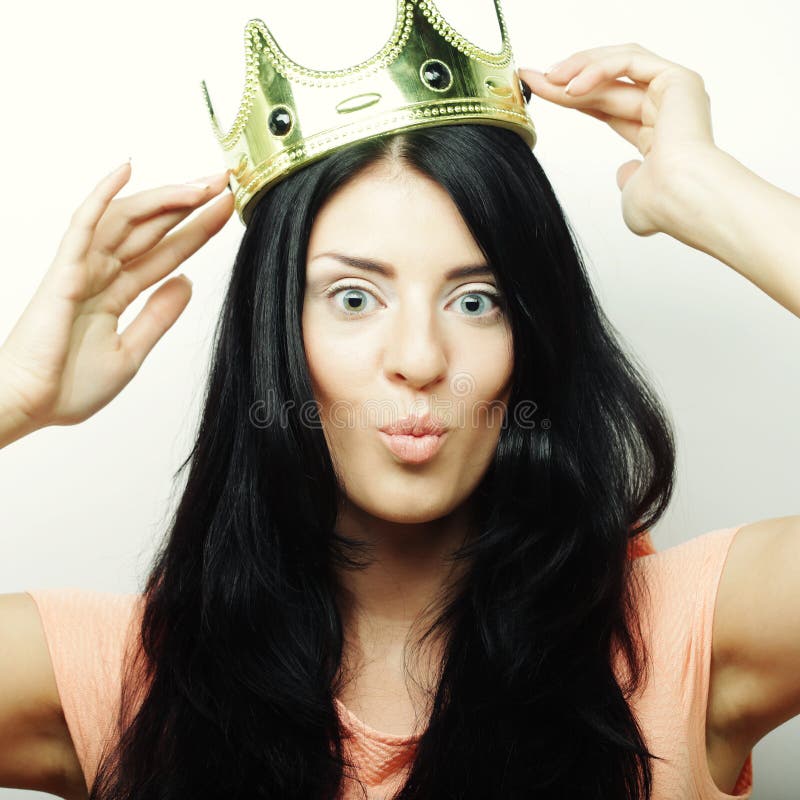 Happy Young Lovely Woman with Crown Stock Photo - Image of holiday ...