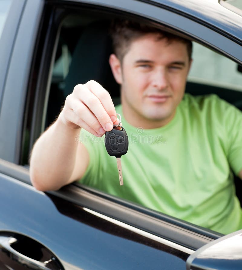 Happy Young Male Driver Sitting in Blue Car Stock Photo - Image of ...