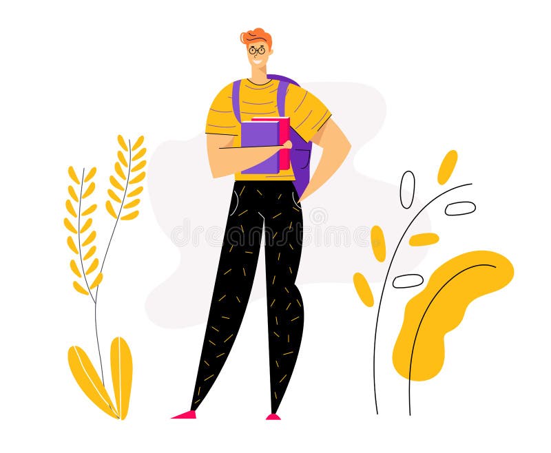 Happy Young Male Student Character with Books. Educational Concept with ...
