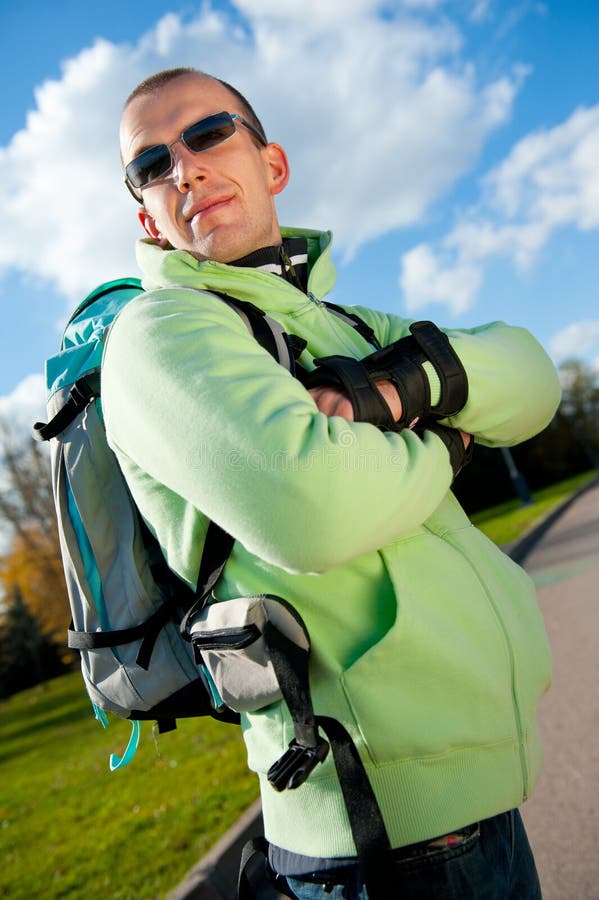 Happy Young Man with Backpack Stock Photo - Image of casual, adventure ...