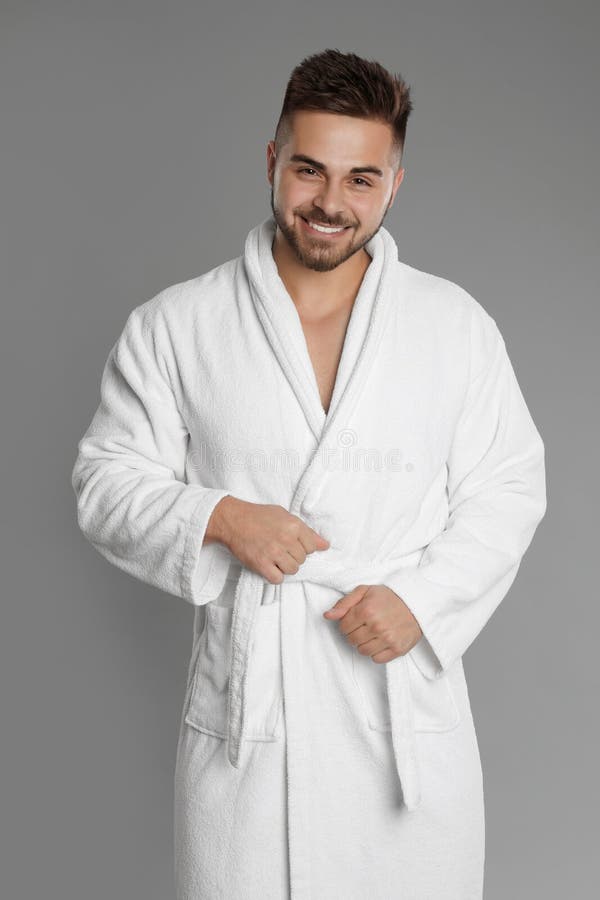 Happy Young Man in Bathrobe on Background Stock Image - Image of care ...