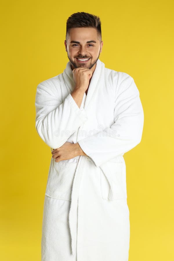 Happy Young Man in Bathrobe on Background Stock Image - Image of skin ...