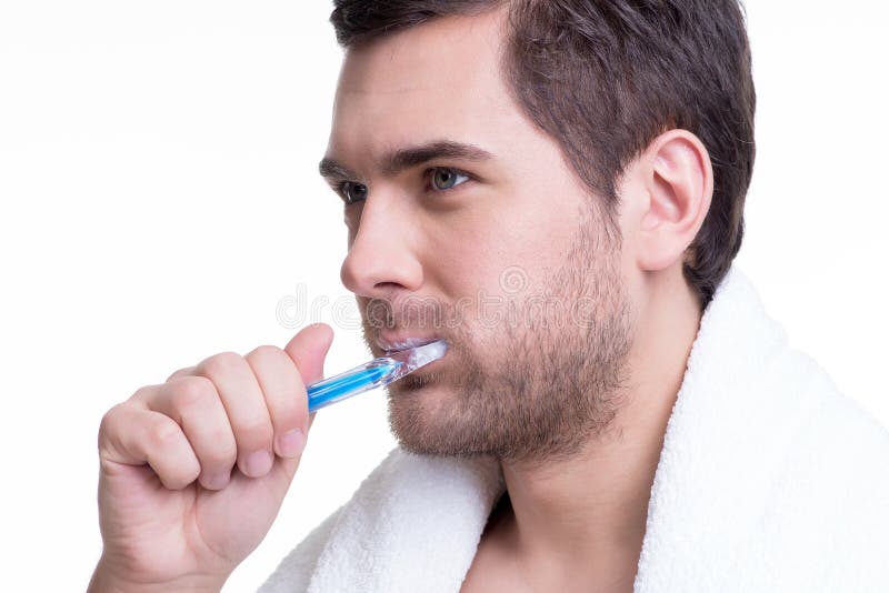 Happy Young Man Brushing Teeth. Stock Photo - Image of hygiene, teeth ...
