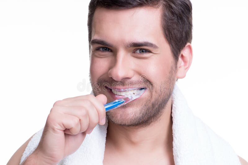 Happy Young Man Brushing Teeth. Stock Photo - Image of brushing ...