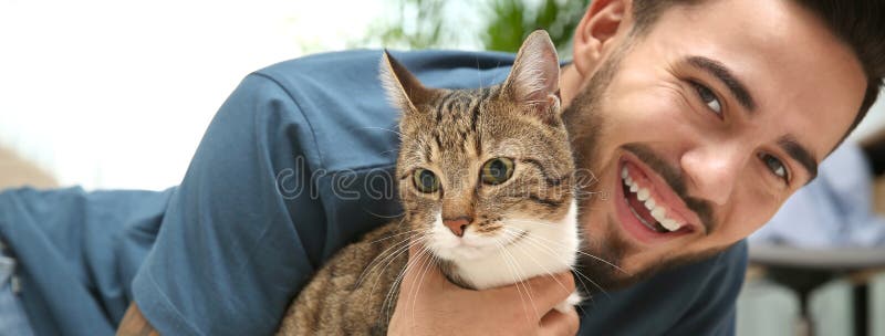Happy Young Man with Cat. Banner Design Stock Photo - Image of funny ...