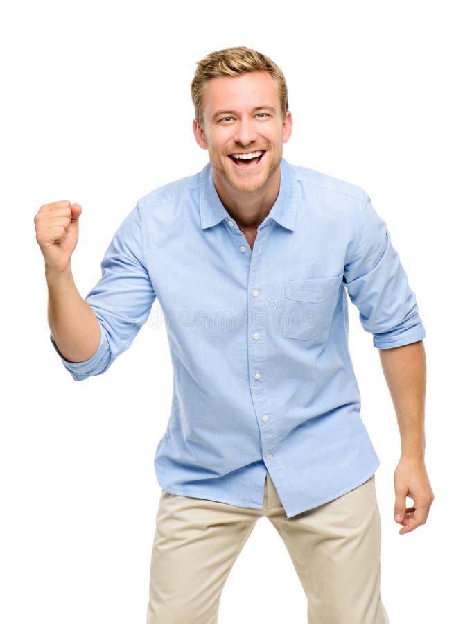 Happy Young Man Celebrating Success on White Background Stock Photo ...