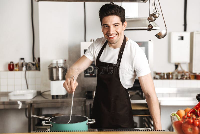 Happy Young Man Chef Cook in Apron Stock Image - Image of dinner ...