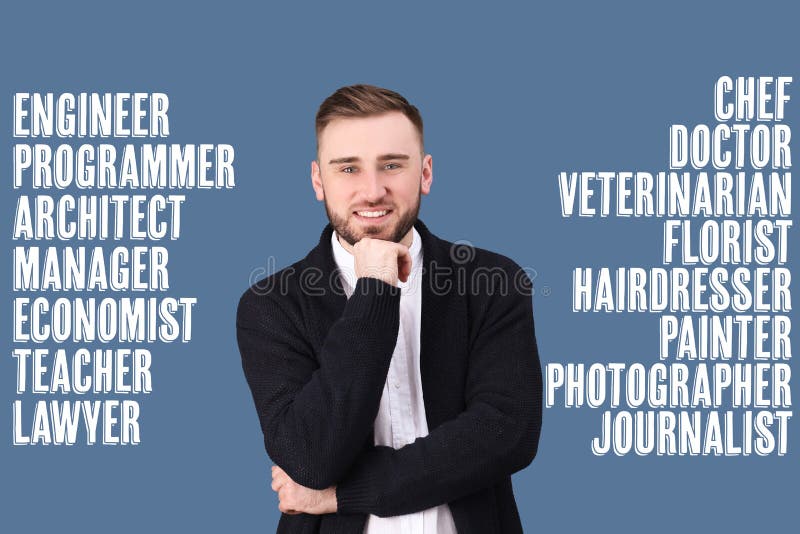 Choosing Profession. People of Different Occupations on Light Blue ...