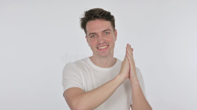 Happy Young Man Clapping on White Background Stock Photo - Image of ...