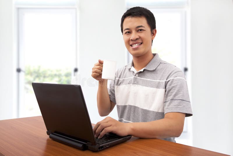 Happy Young Man Enjoy Job with Computer Stock Image - Image of table ...