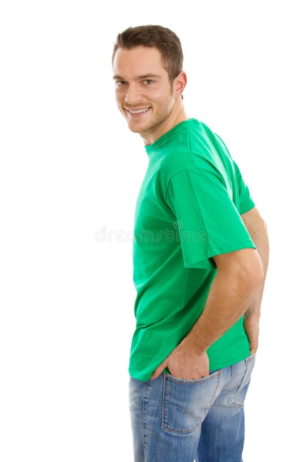 Happy Young Man in Green Shirt Isolated on White. Stock Image - Image ...