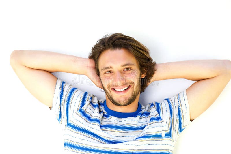 Happy Young Man with Hands Behind Head Stock Image - Image of hair ...