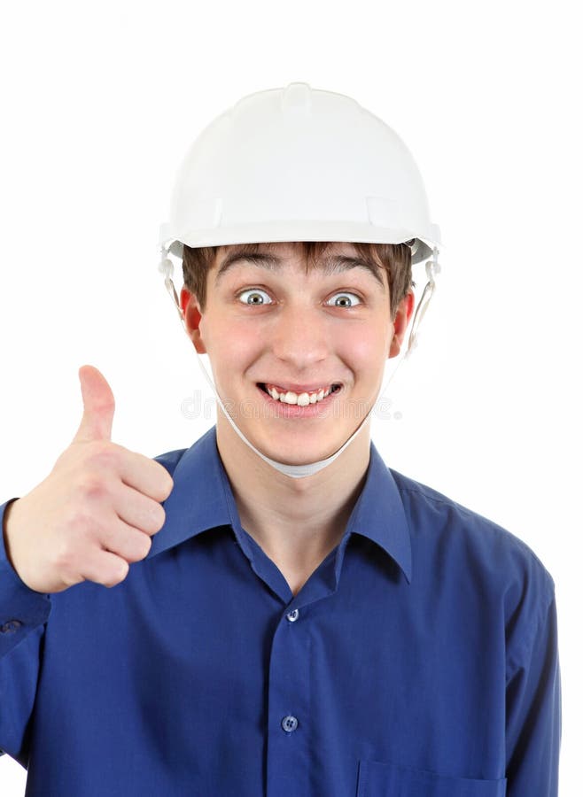 Happy Young Man in Hard Hat Stock Photo - Image of isolated, portrait ...