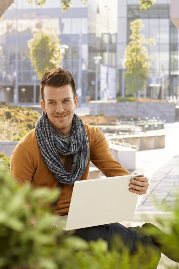 Happy Young Man with Laptop Outdoors Stock Image - Image of good ...
