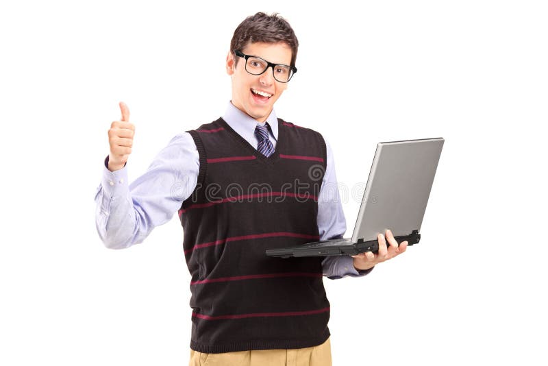 Man with Laptop Showing Thumbs Up Stock Photo - Image of gesture ...