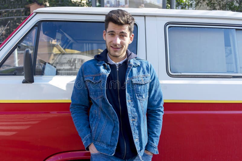 Happy Young Man Leaning at the Retro Mini Van Stock Image - Image of ...