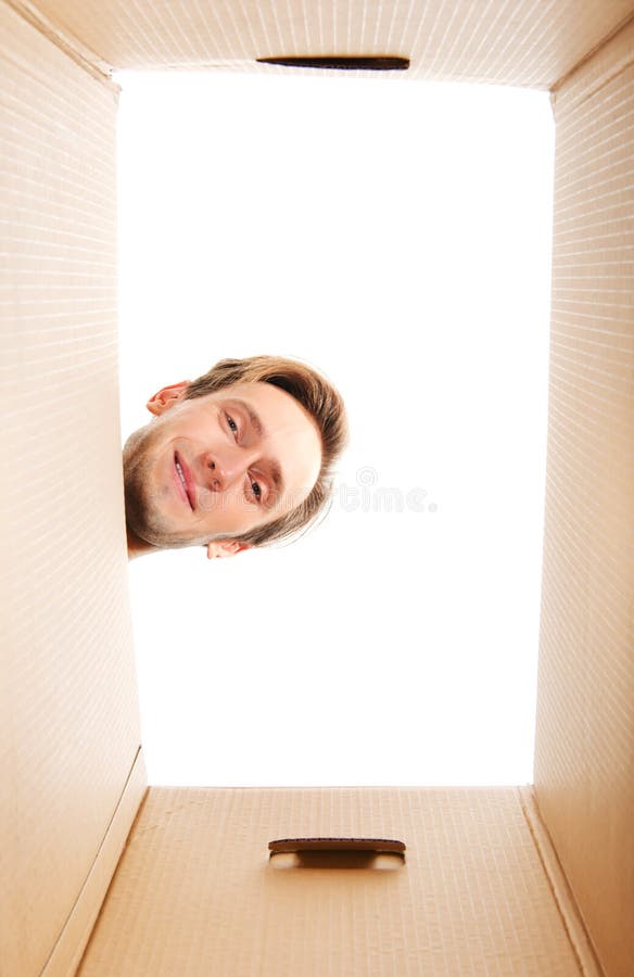 Happy Young Man Looking Inside Box Stock Photo - Image of face, male ...