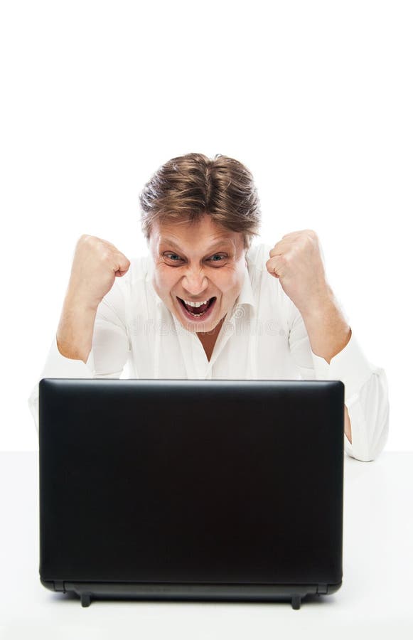 Happy Young Man Looking at Laptop and Gesturing Stock Image - Image of ...