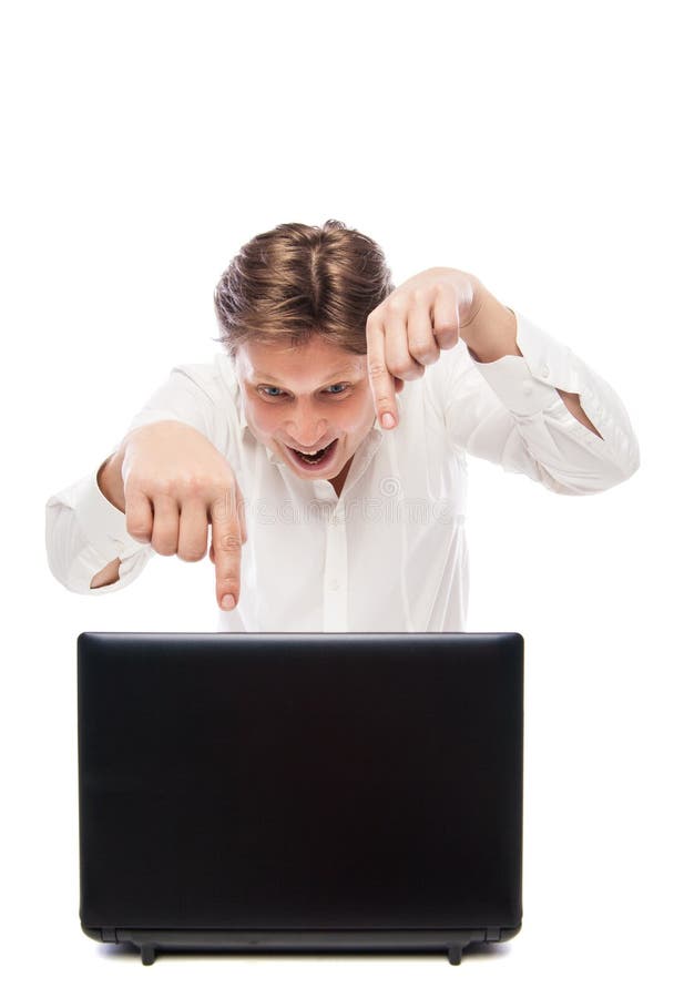 Happy Young Man Looking at Laptop and Gesturing Stock Photo - Image of ...