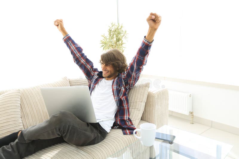 Happy Young Man Looking at Laptop Screen Stock Image - Image of people ...