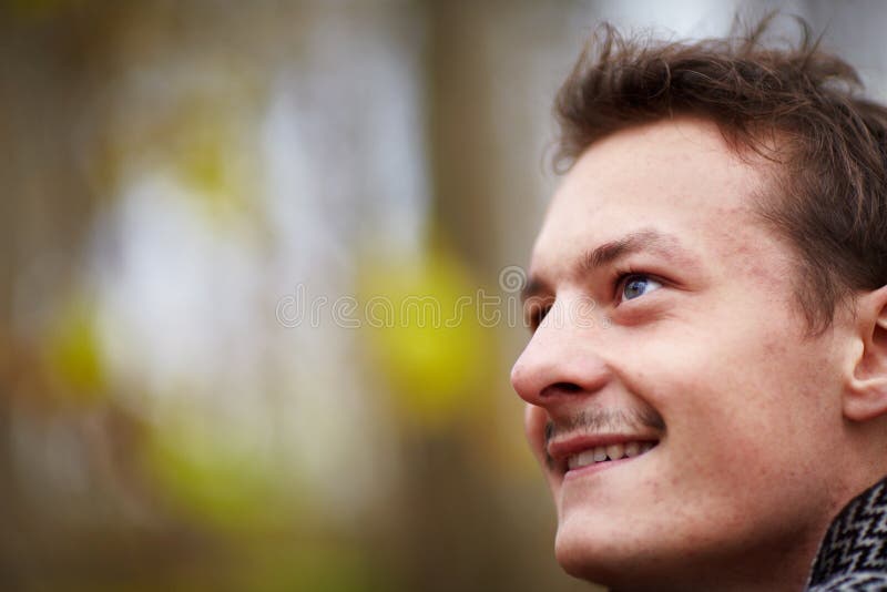 Happy Young Man Looking Up at Copyspace Stock Photo - Image of casual ...