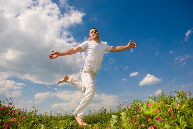 Happy Young Man is Running in a Field Stock Photo - Image of white ...