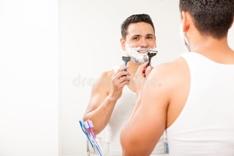 Happy Young Man Shaving His Beard Stock Image - Image of hygiene, clean ...