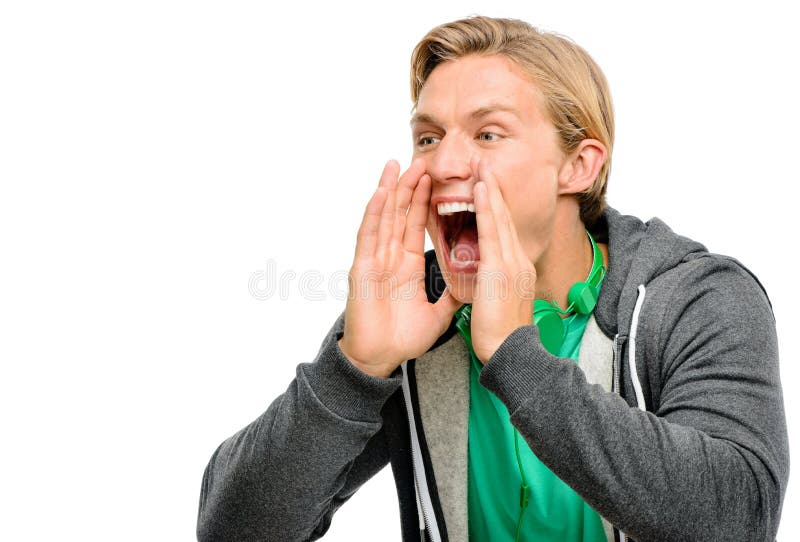 Happy Young Man Shouting Isolated on White Background Stock Image ...