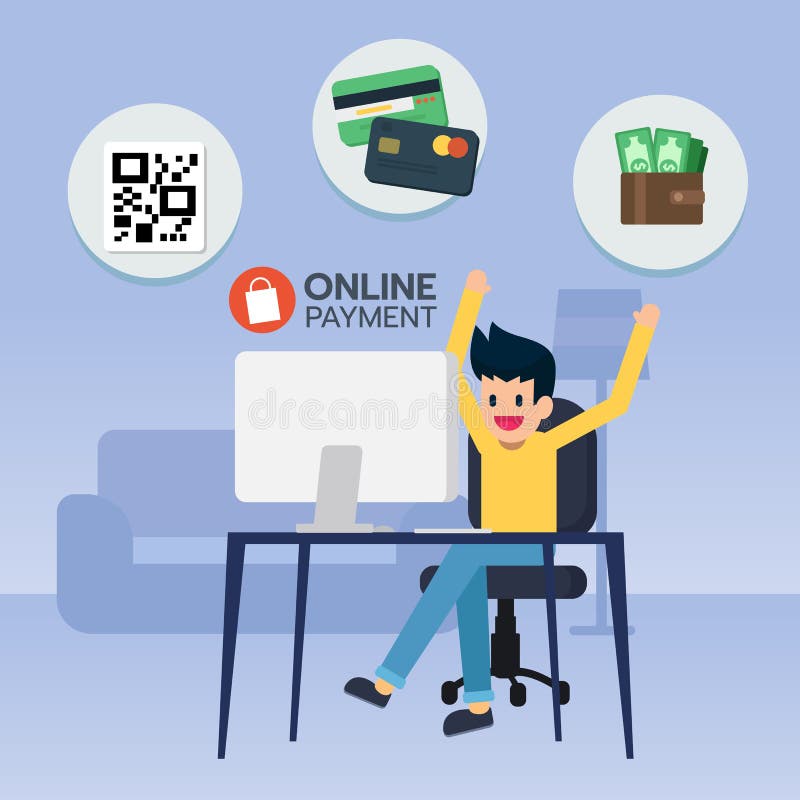 Happy Young Man Sit in Front Computer, Online Payment Stock ...