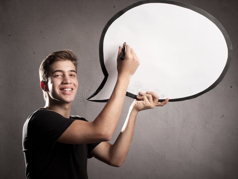Happy Young Man with Speech Bubble Stock Image - Image of speak, real ...