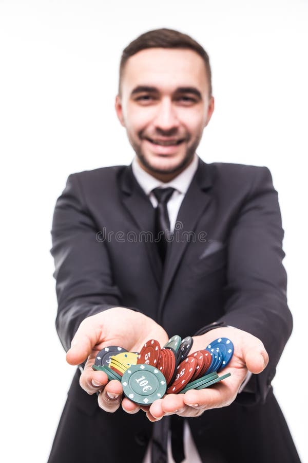 Happy Young Man in Suit Holding Up Win Poker Chips at Game Stock Image ...