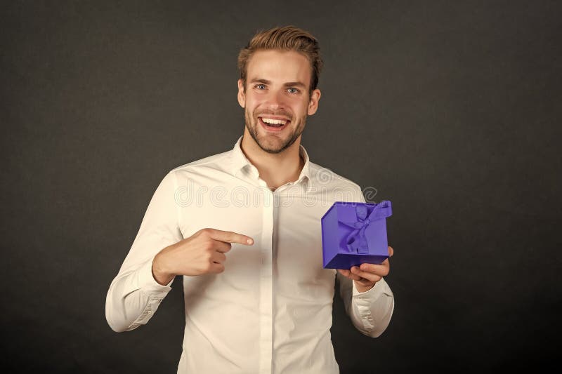 Happy Young Man in Suit Pointing Finger on Birthday Present Box Stock ...