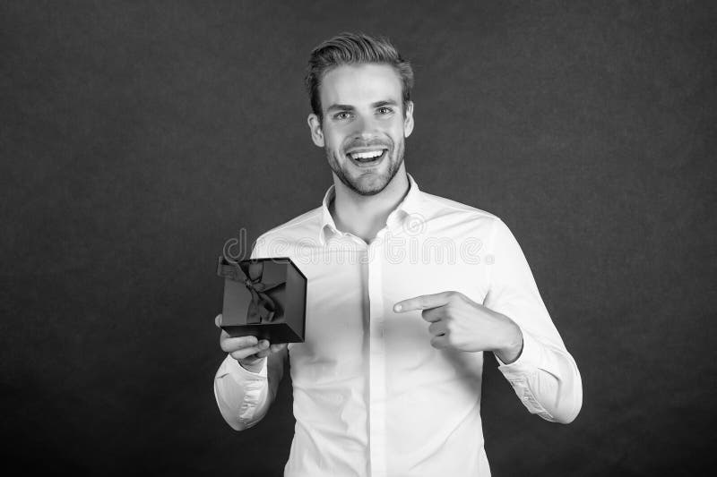 Happy Young Man in Suit Pointing Finger on Birthday Present Box Stock ...