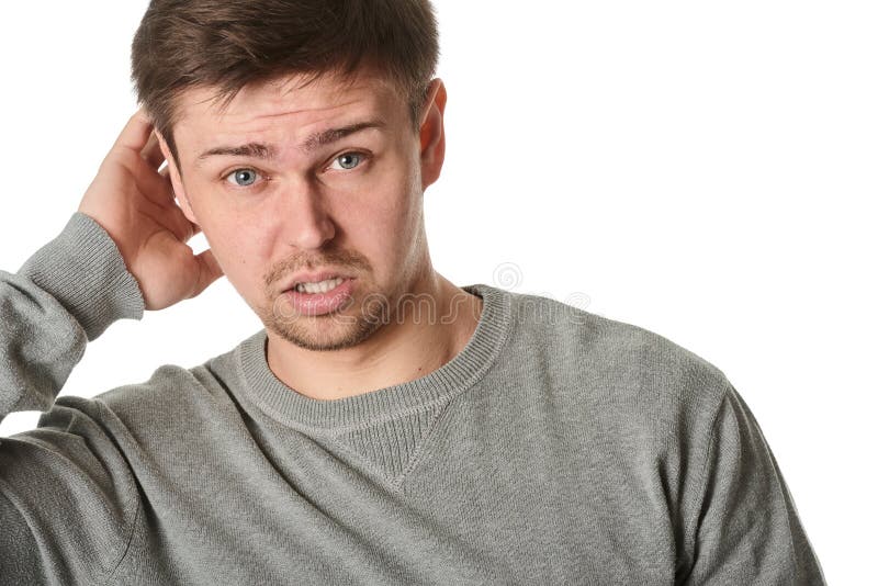 Stressed Young Man with Uncertain Puzzled Expression, on White ...