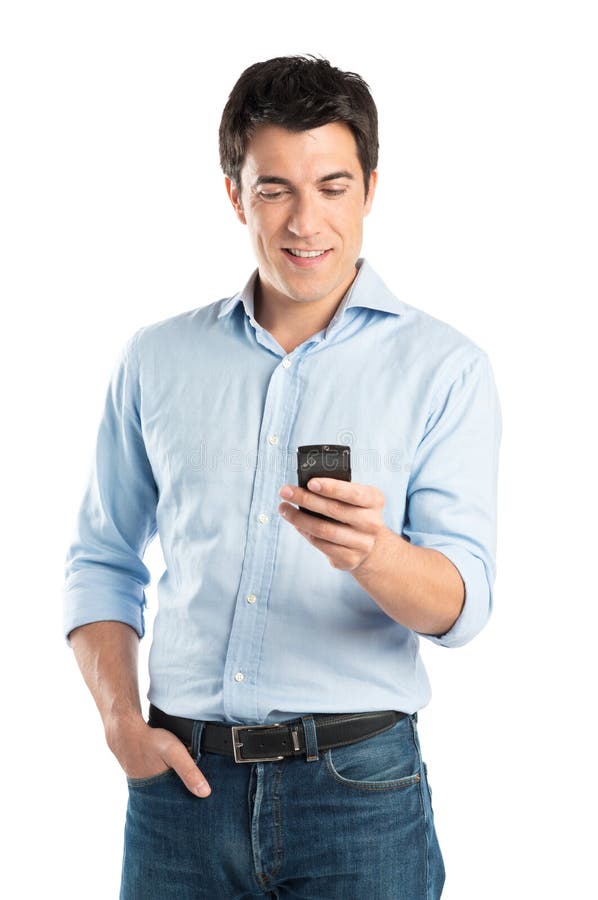 Happy Young Man Using Cell Phone Stock Photo - Image of looking ...