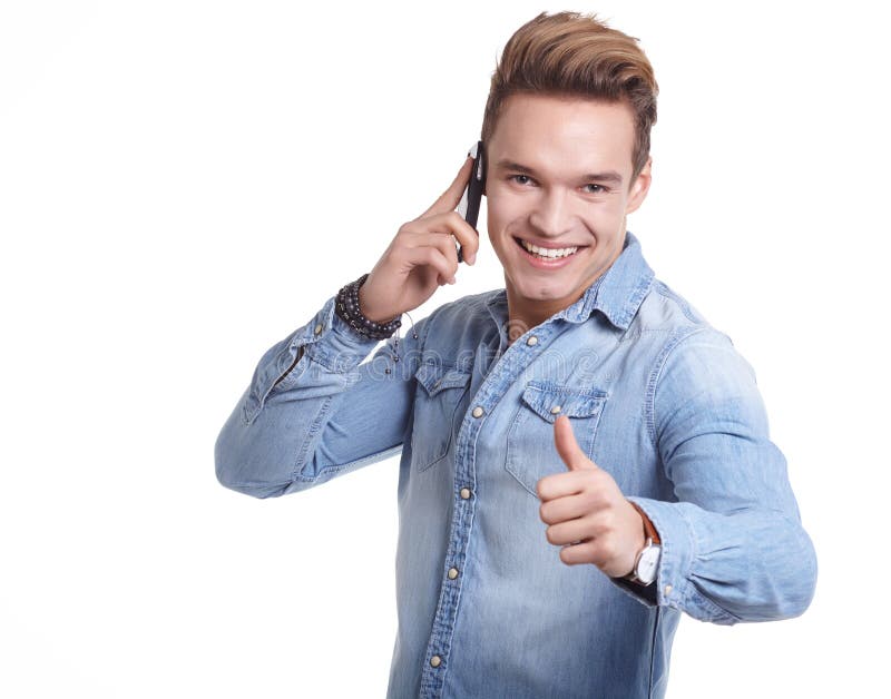 Happy Young Man Using Mobile Phone Isolated on White Background Stock ...
