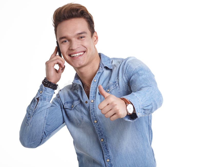 Happy Young Man Using Mobile Phone Isolated on White Background Stock ...