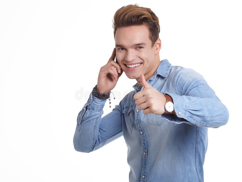 Happy Young Man Using Mobile Phone Isolated on White Background Stock ...