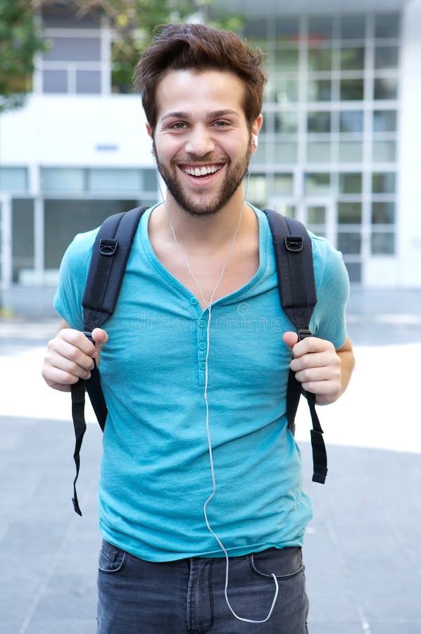 Happy Young Man Walking Outdoors With Bag Stock Image Image Of