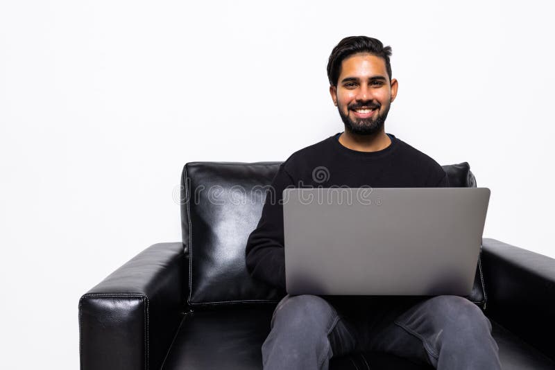 Happy Young Man Watching and Working on Computer Laptop at Home Stock ...